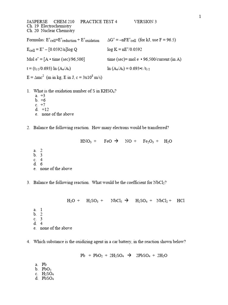 Electrochemistry & Nuclear Chemistry Test | PDF | Radioactive Decay | Redox