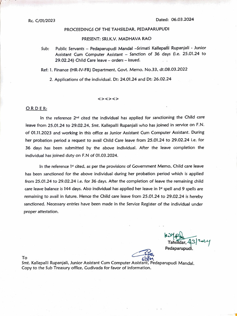 Child Care Leave Sanction for Kallepalli | PDF