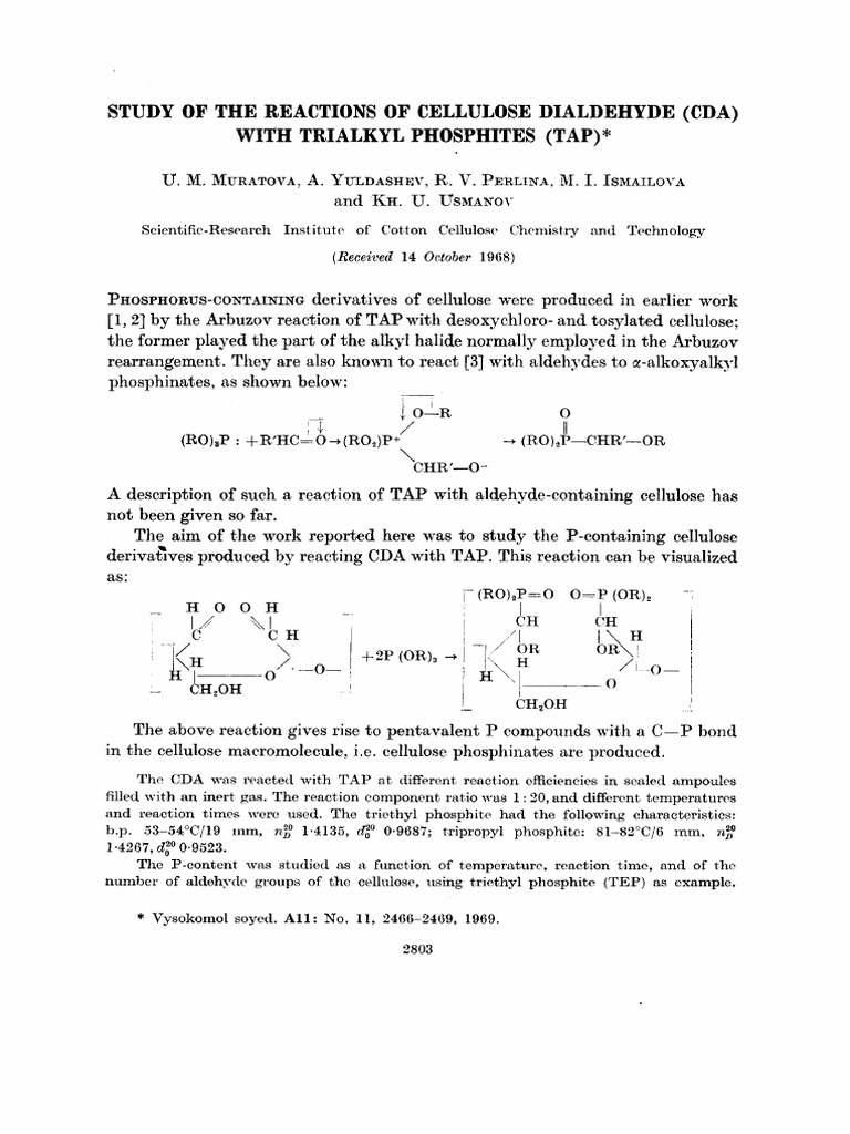 Study of The Reactions of Cellulose Dialdehyde (Cda) With Trialkyl ...