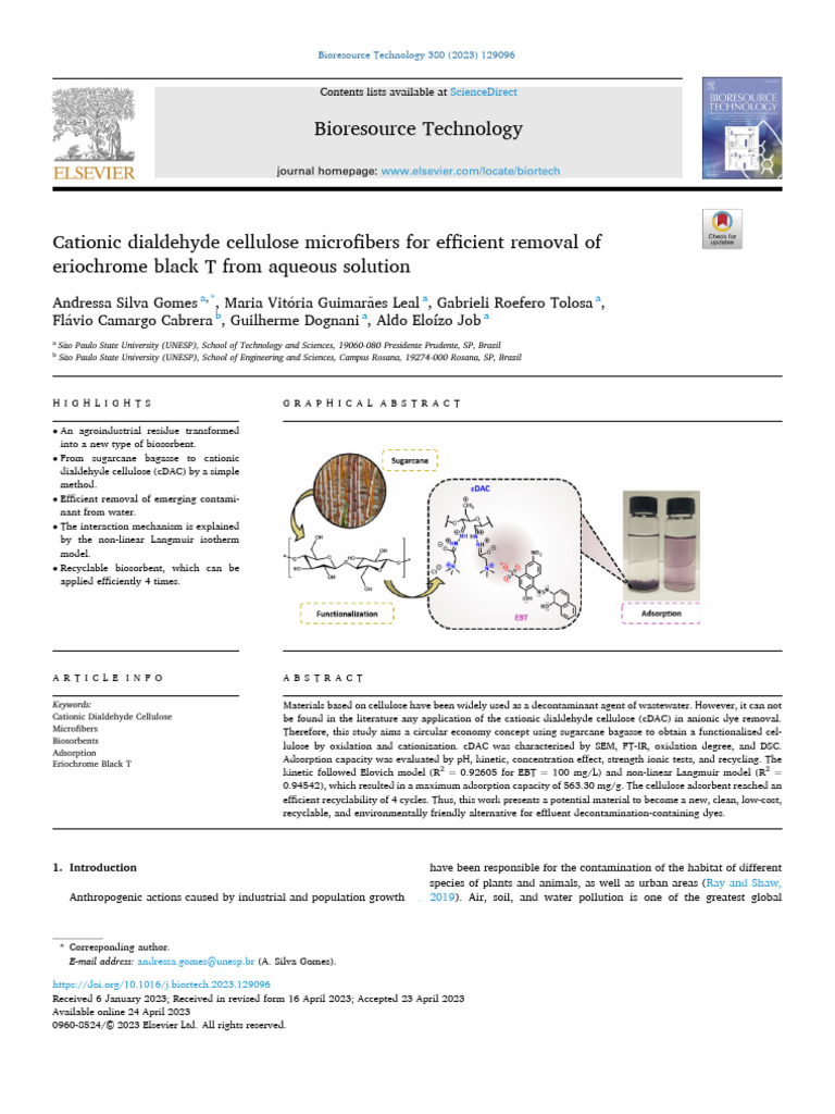 Cationic Dialdehyde Cellulose Microfibers For Efficient Removal of ...