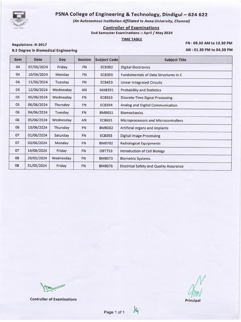 AM 2024 - Time Table - R 2017 - Regulations | PDF