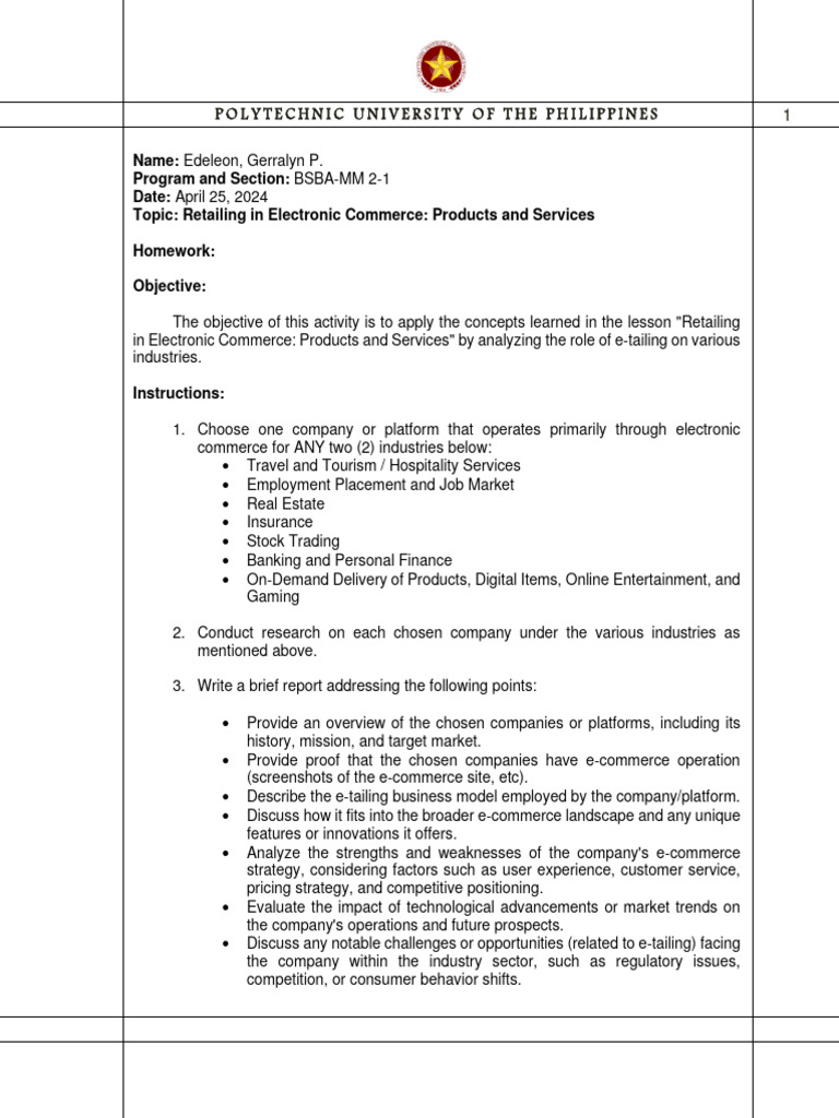 Gerralyn Edeleon - Assessment (Module 4) - Retailing in E-Commerce - Products and Services ...