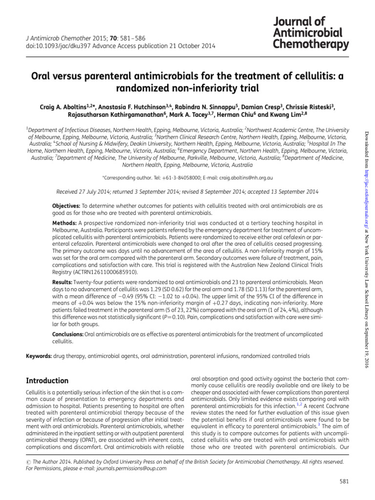 Oral Vs IV Treatment of Cellulitis | PDF | Therapy | Antimicrobial