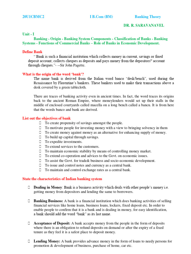Unit I Notes & Assignment | PDF | Banks | Deposit Account