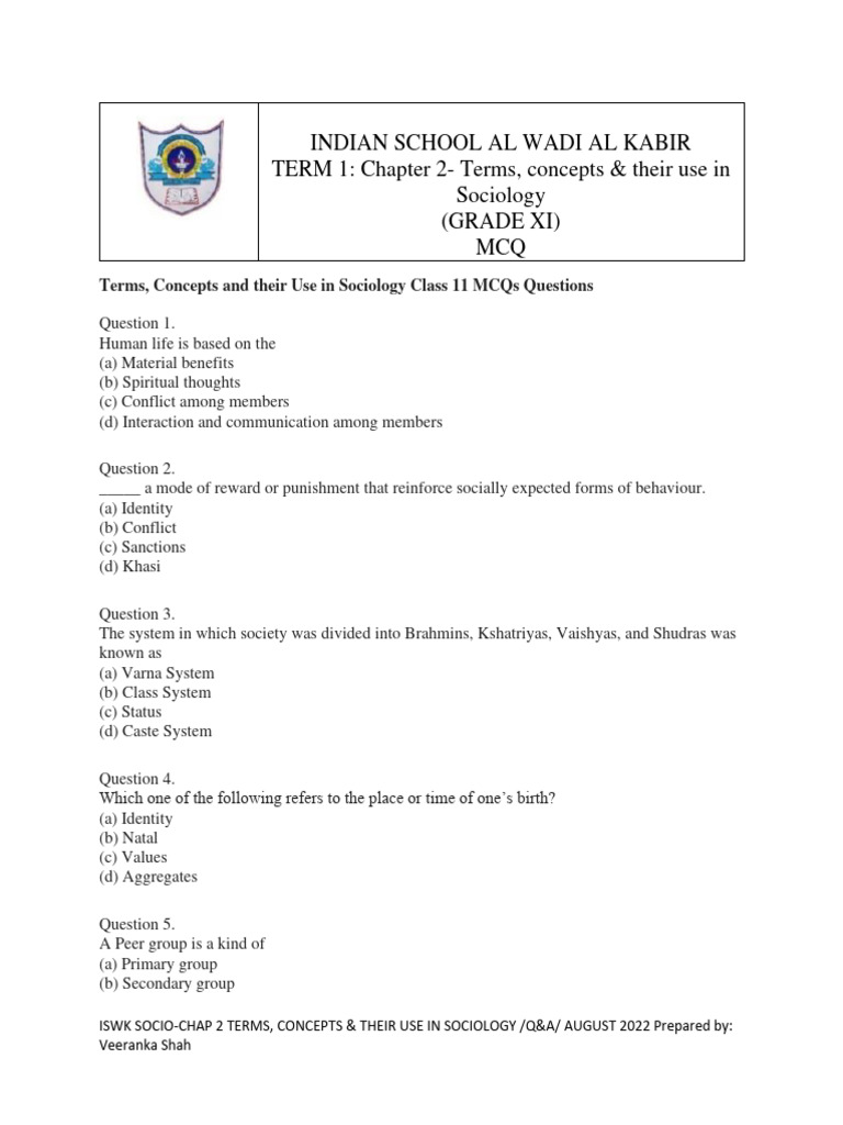 Sociology Concepts & MCQs for Grade 11 | PDF