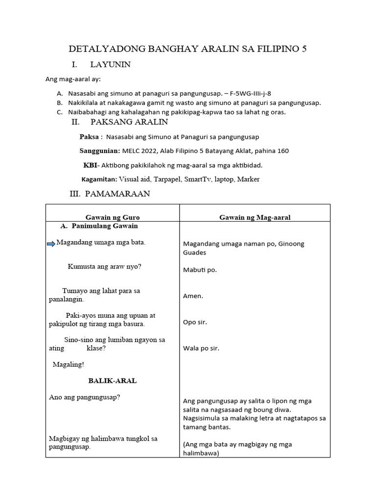 Detalyadong Banghay Aralin Sa Filipino 5 Final | PDF
