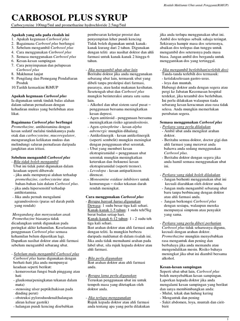 Carbosol Plus Syrup 100mg, 2.5mg (Carbocysteine, Promethazine) Prime ...