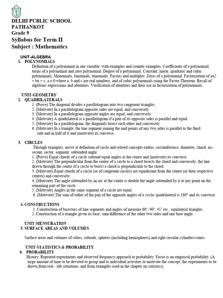 Grade 9 Term II Syllabus Overview | PDF | Polynomial | Circle