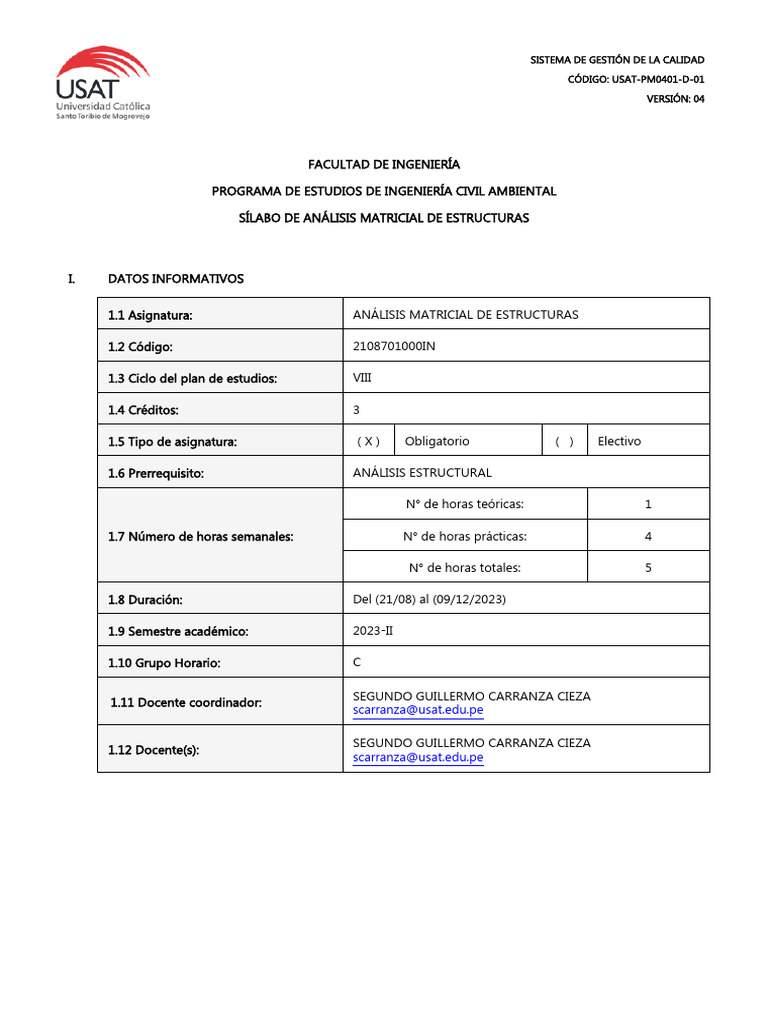 Silabo 2023-II ANÁLISIS MATRICIAL DE ESTRUCTURAS C | PDF | Braguero | Rigidez