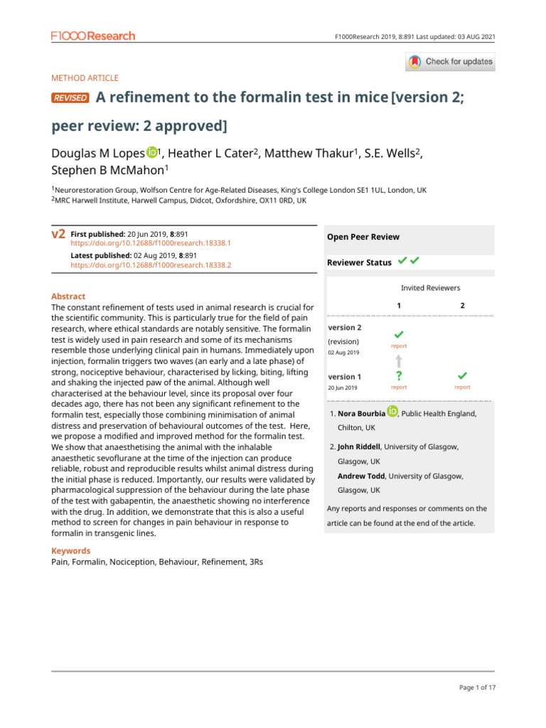 Lopes 2019 A Refinement To The Formalin Test I | Download Free PDF ...