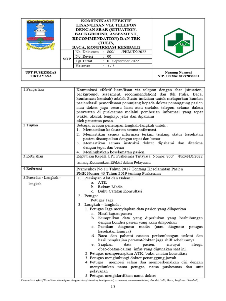 SOP KOMUNIKASI EFEKTIF SBAR DAN TBK Dan Daftar Tilik | PDF