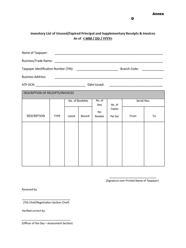 List of Unused Official Receipts - Annex D | PDF