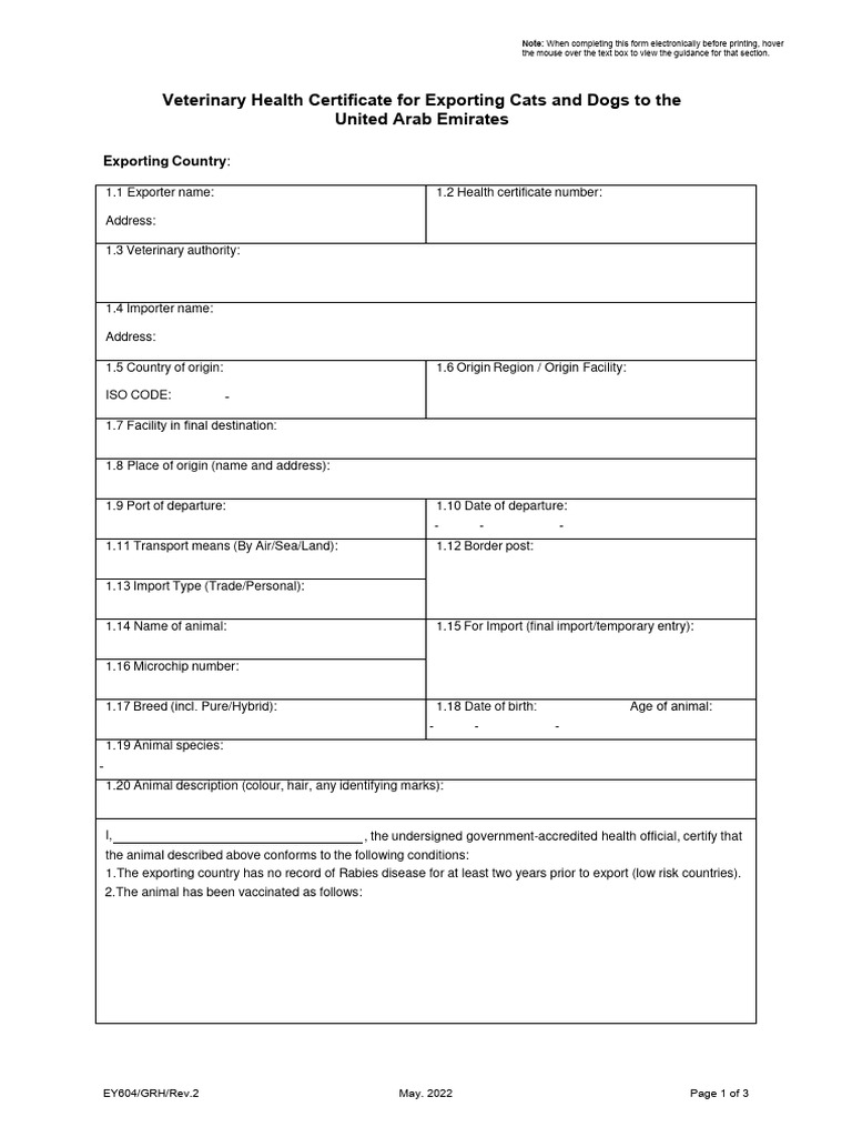 Veterinary Health Certificate For Exporting Cats and Dogs To The United ...