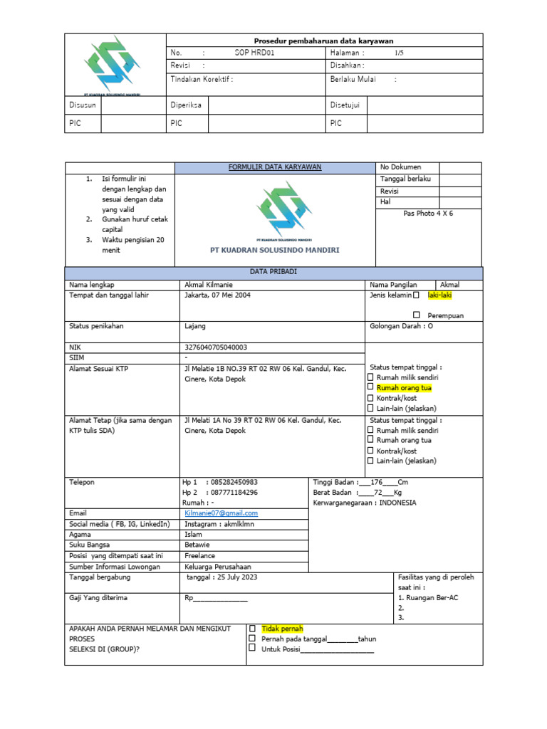 Prosedur Pembaharuan Data Karyawan | PDF