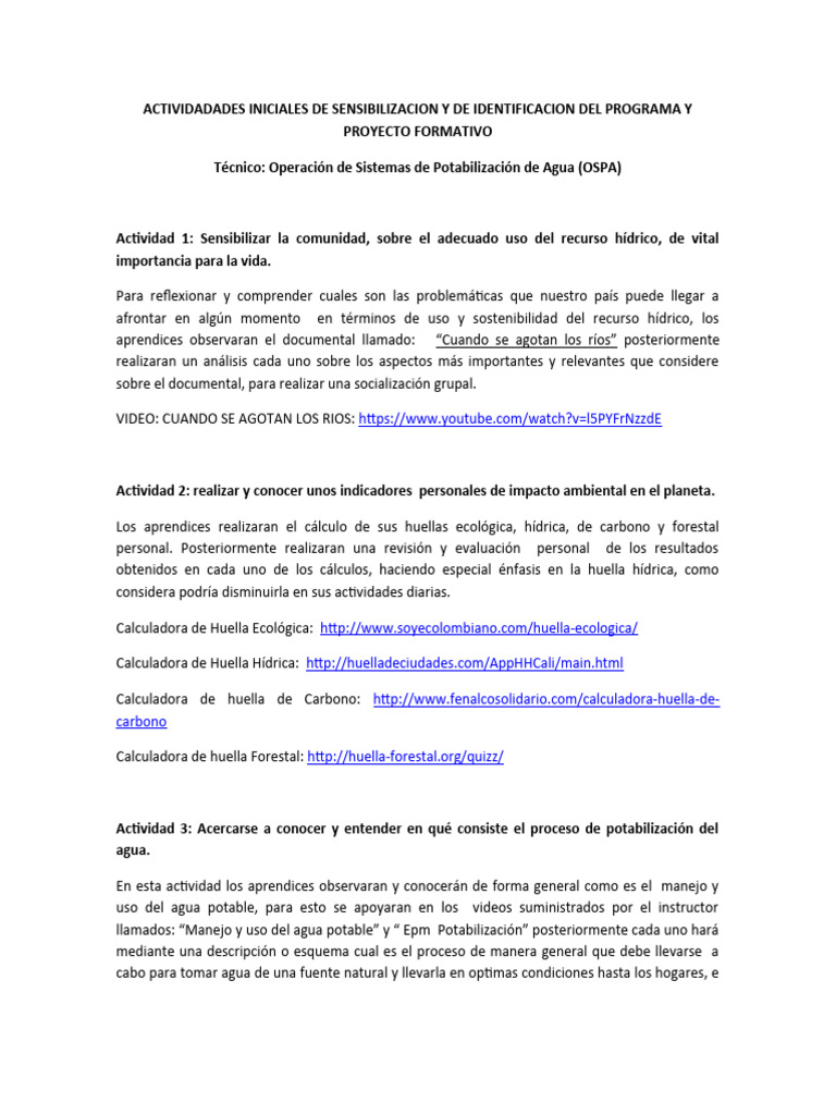 Actividadades Iniciales de Sensibilizacion y de Identificacion Del Programa y Proyecto Formativo ...