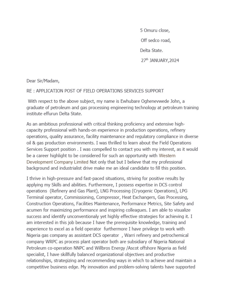 Cover Letter | PDF | Oil Refinery