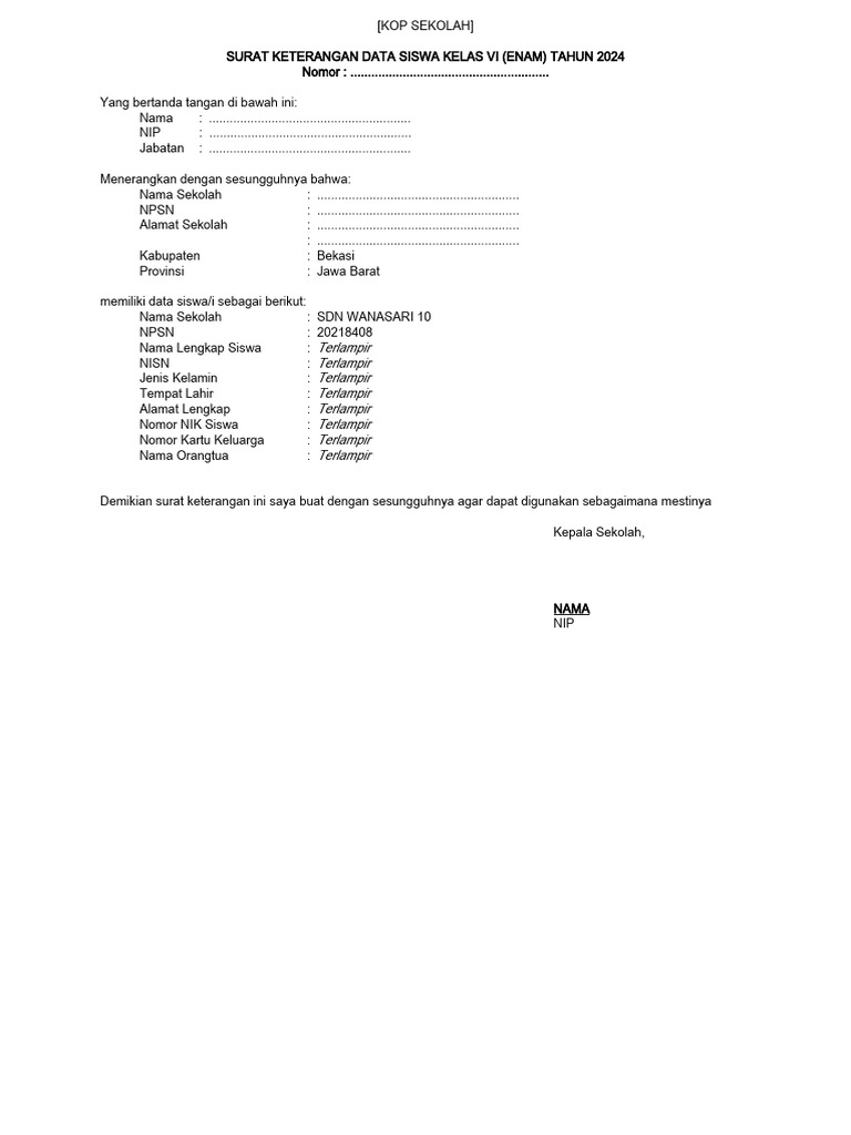 Surat Keterangan Data Siswa Kelas VI (Enam) Tahun 2024 | PDF