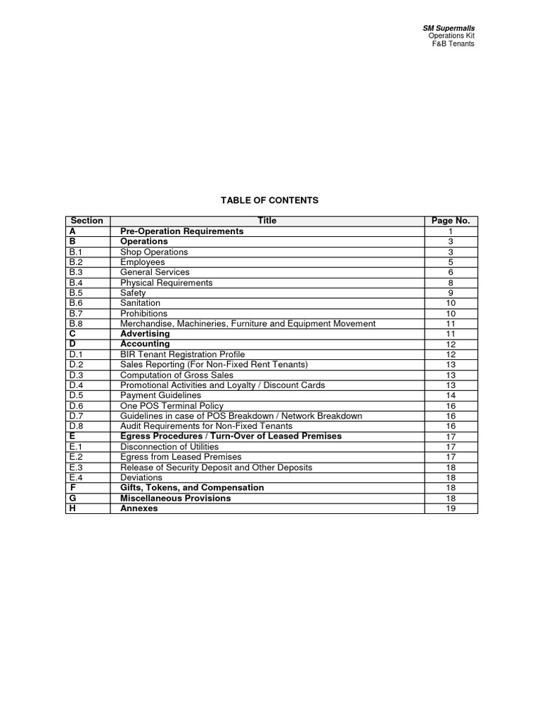 1. Operations Kit Table of Contents | PDF | Lease
