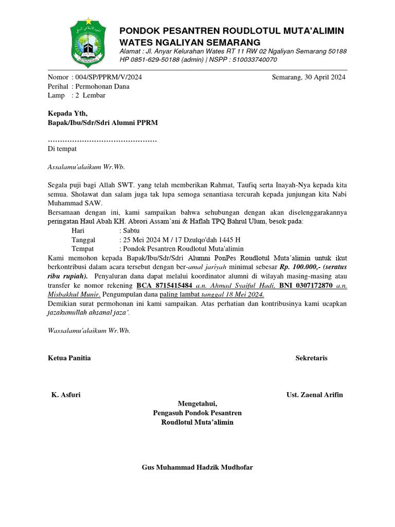 Surat Permohonan Dana Dan Undangan Alumni Haul Ke-3 Abah KH. Abrori | PDF Surat Permohonan Dana Dan Undangan Alumni Haul Ke-3 Abah KH. Abrori | PDF