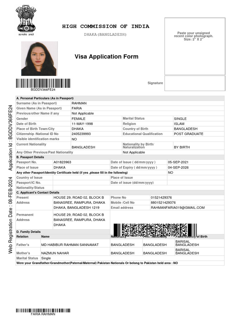 Faria Rahman Visa Application Form | PDF | Travel Visa | Passport