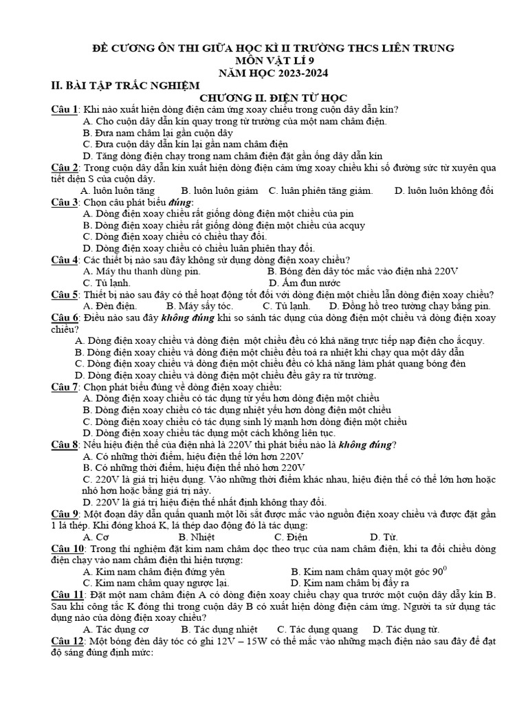 De Cuong On Thi Giua Hoc Ki 2 Mon Vat Li 9 New | PDF