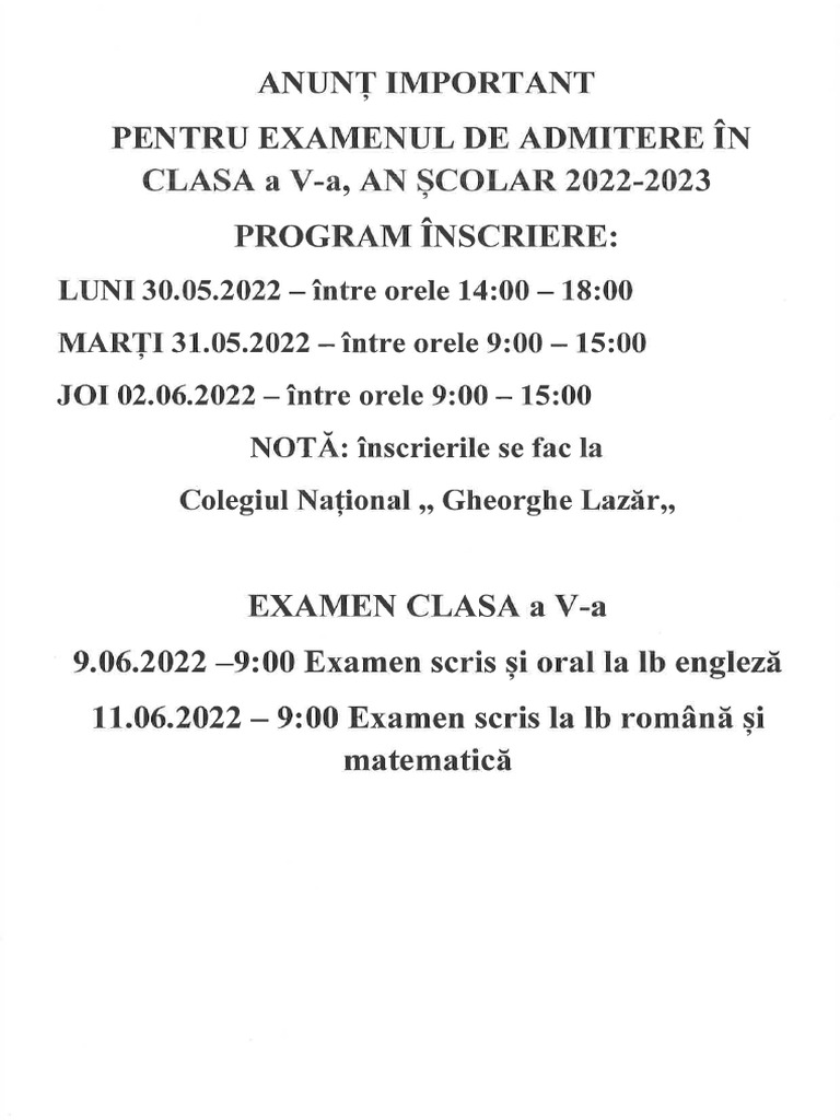 Anunt-Examene Admitere V-A | PDF