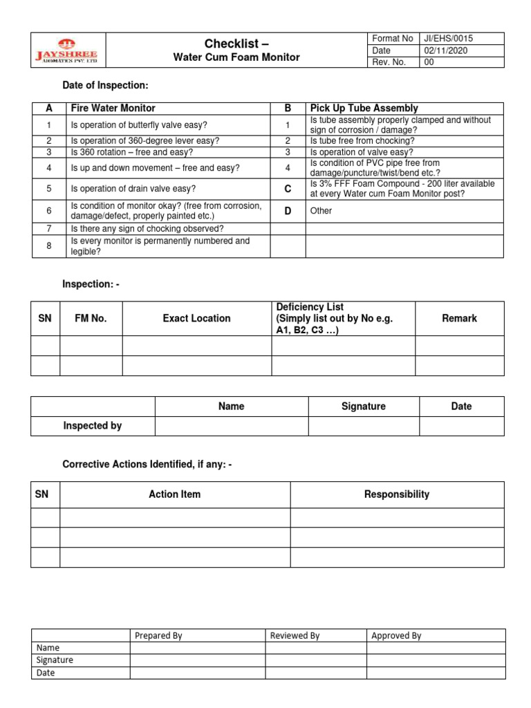 Checklist - Inspection of Wate Cum Foam Monitor | PDF