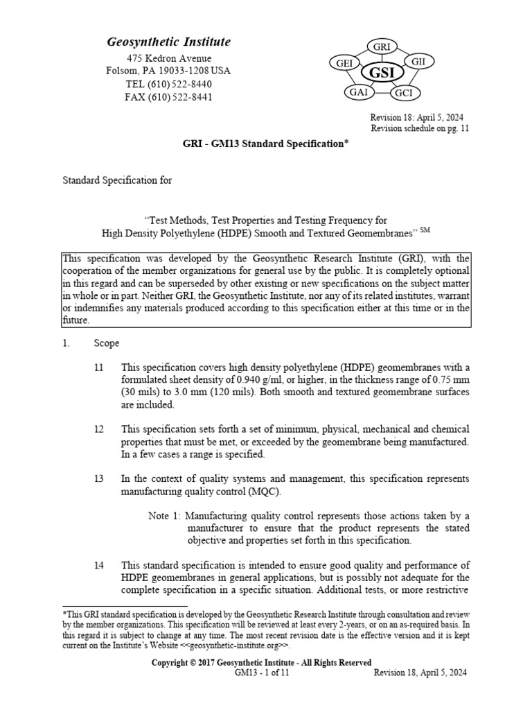 Gm-13 Hdpe Liner | PDF | Polyethylene | Specification (Technical Standard)