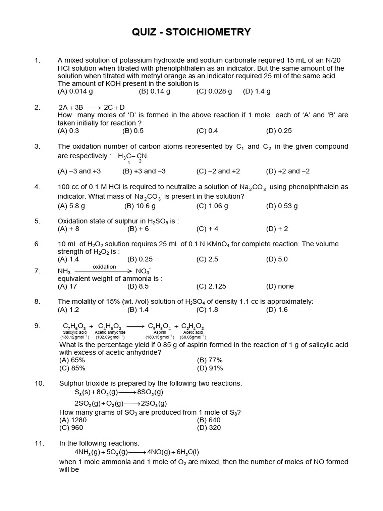Stoichiometry Quiz with Solutions | PDF | Chemistry | Chemical Substances