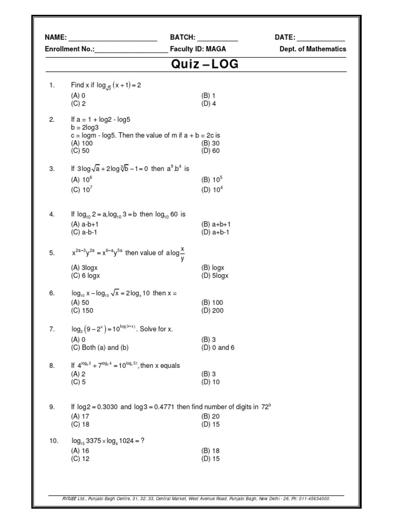 Log Quiz | PDF | Arithmetic | Mathematical Analysis