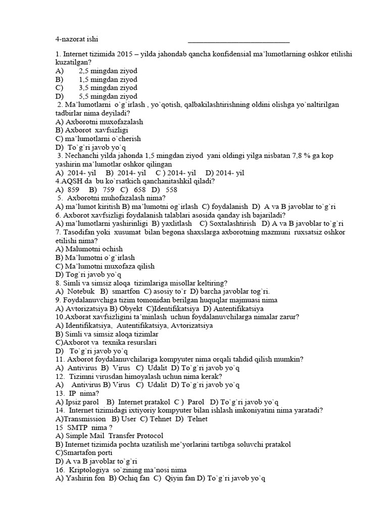 11-Sinf Informatika 4-Chorak Test @e - Baza - Ishreja | PDF