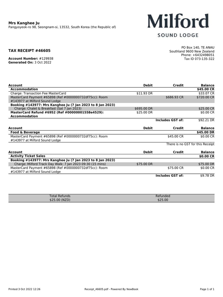 Tax Receipt for Milford Sound Lodge | PDF | Debit Card | Master Card