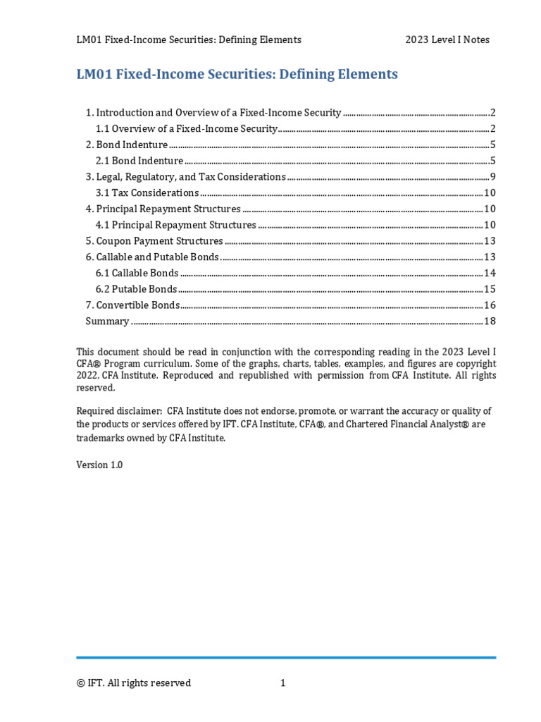 L1 01 Fixed Income Securities Defining Elements Lecture - Study Notes ...