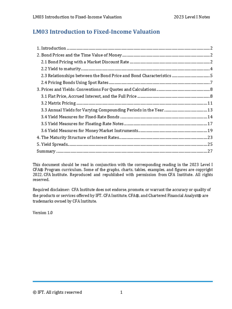 L1 03 Introduction To Fixed Income Valuation - Study Notes (2023) | PDF ...