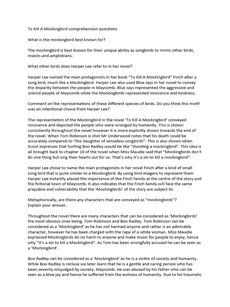 To Kill A Mockingbird Comprehension Questions | PDF | To Kill A Mockingbird