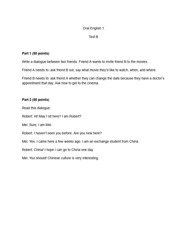 Oral English 1 Test B | PDF