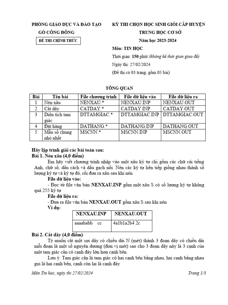 De Thi HSG Cap Huyen Mon Tin Hoc NH 2023-2024 | PDF