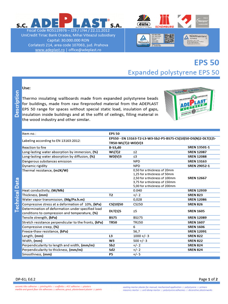 01 Technical Sheet ADEPLAST EPS50 | PDF | Thermal Insulation | Polystyrene