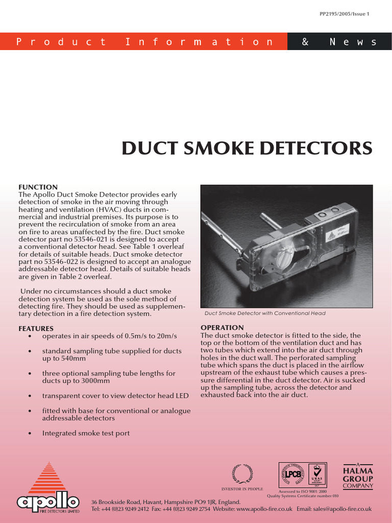 PP2195 Duct Smoke Detectors Datasheet | PDF | Duct (Flow ...
