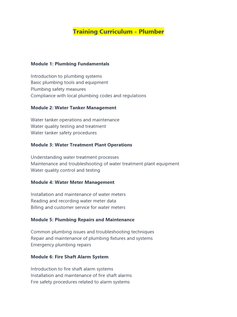 Comprehensive Plumber Training Curriculum | PDF | Plumbing | Safety