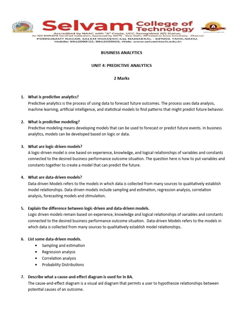 Ba 2 Marks Unit 4 | PDF | Cluster Analysis | Predictive Analytics