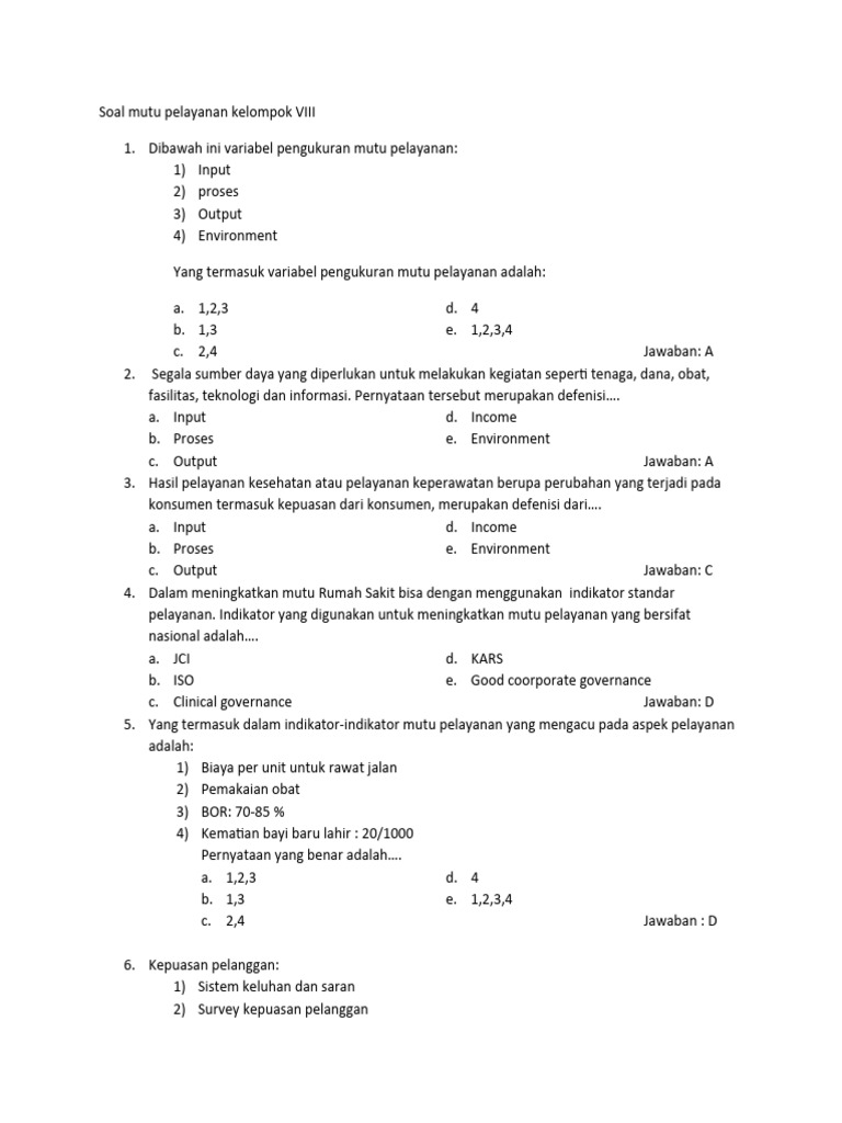 Soal Mutu Pelayanan KELAS A | PDF