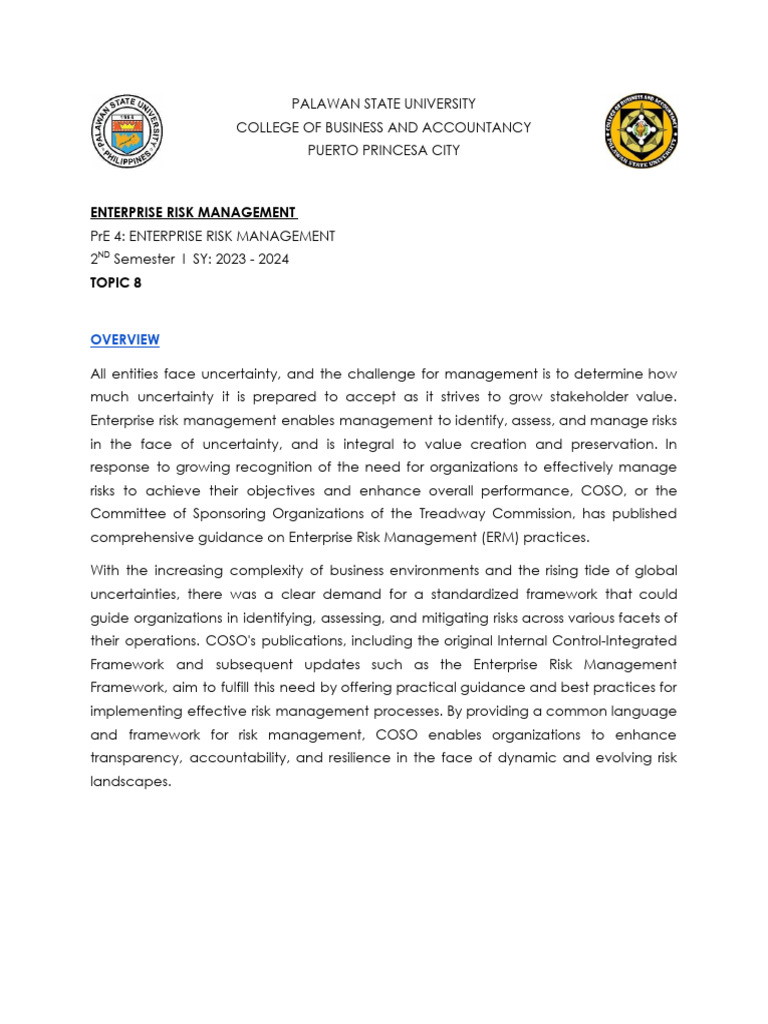 Group 6 Bsa 3 2 Coso Erm Frameworks and Risk Events - Docx 1 | PDF | Risk Management | Risk