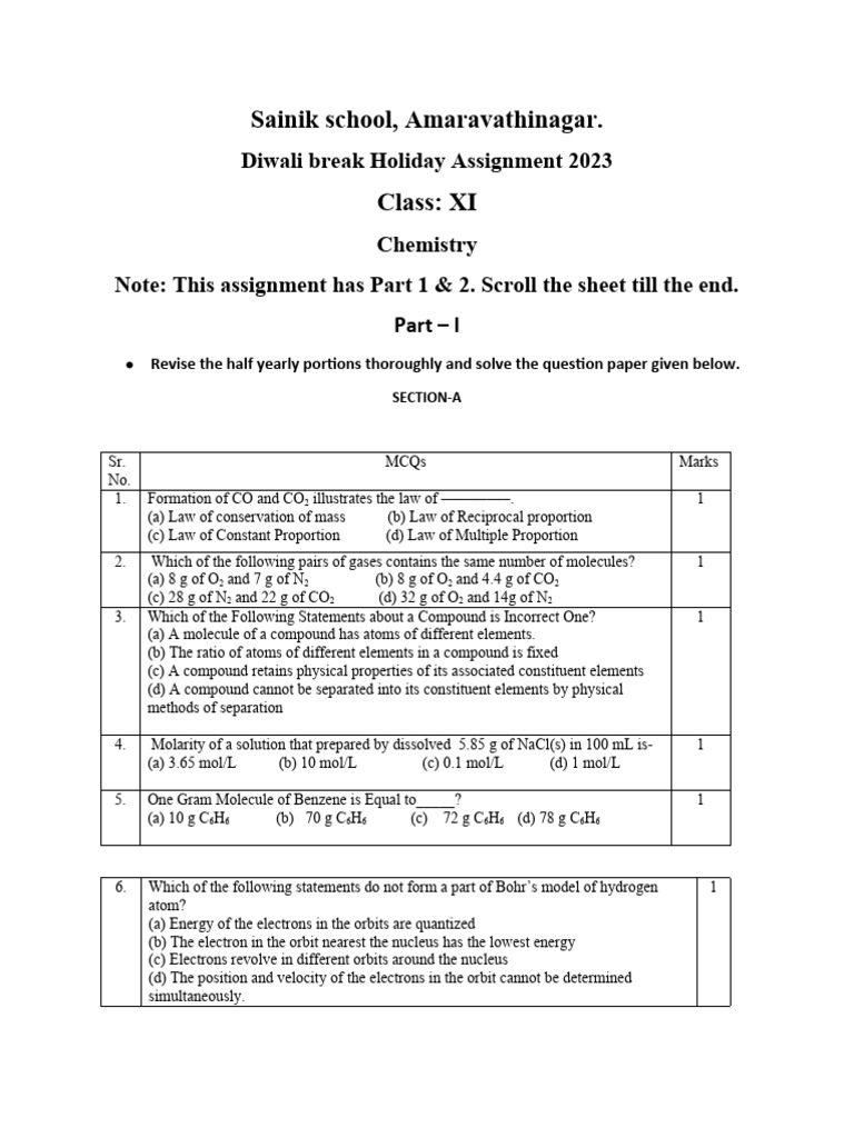Class 11 Chemistry Holiday Assignment | PDF | Spectroscopy | Emission Spectrum