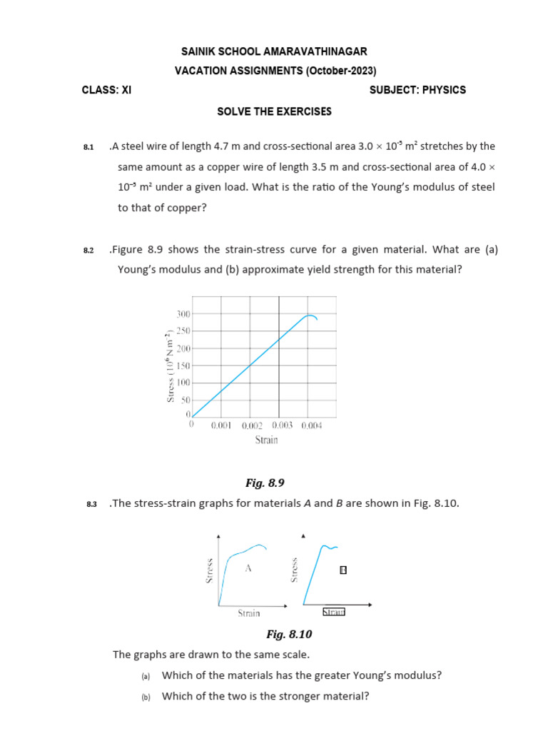 Class XI Physics Assignments | PDF | Young's Modulus | Pressure