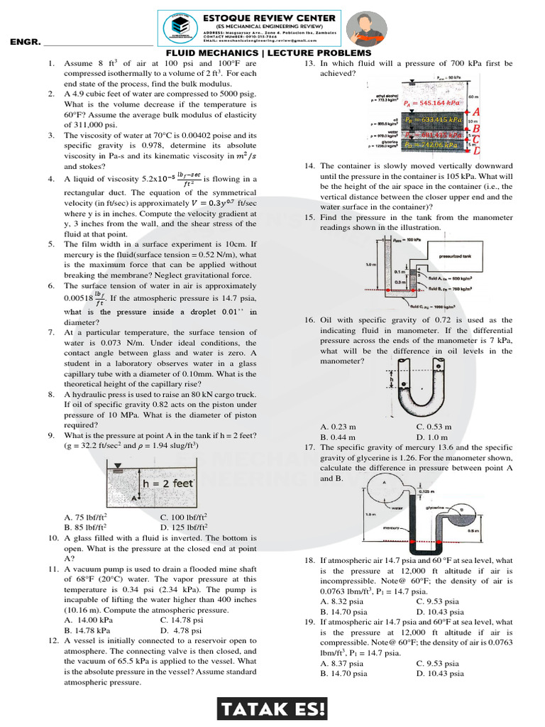 Day 24 - Fluid Mechanics L Lecture Problems | PDF | Pressure | Viscosity