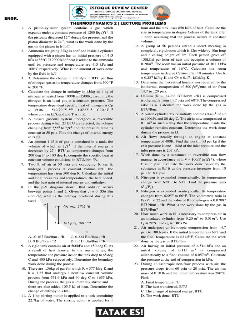 Day 22 - Thermodynamics 2 L Lecture Problems | PDF | Heat | Gases