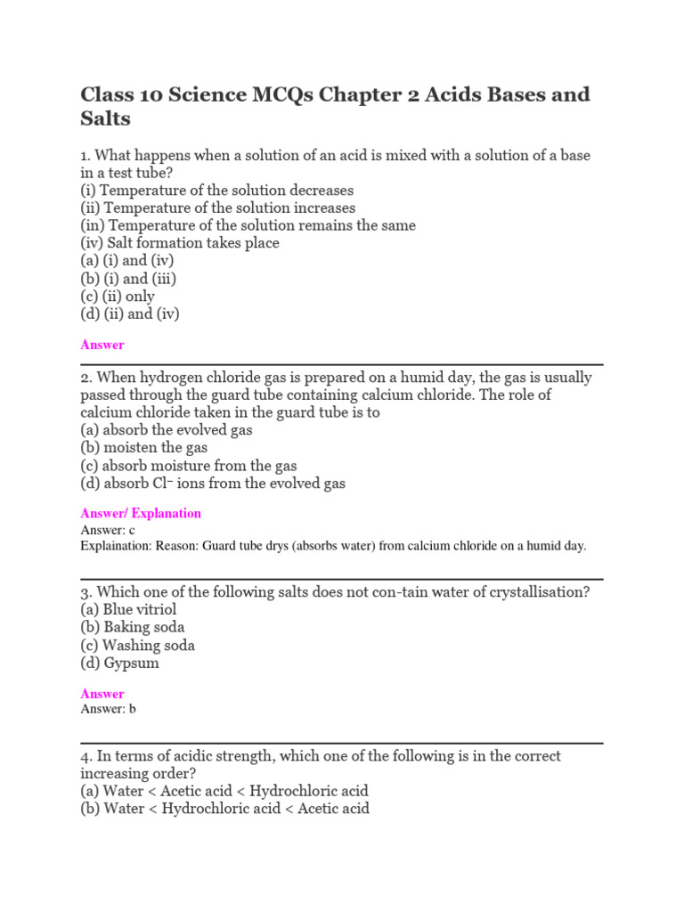 Class 10 Science MCQs Chapter 2 Acids Bases and Salts | Download Free PDF | Acid | Salt (Chemistry)
