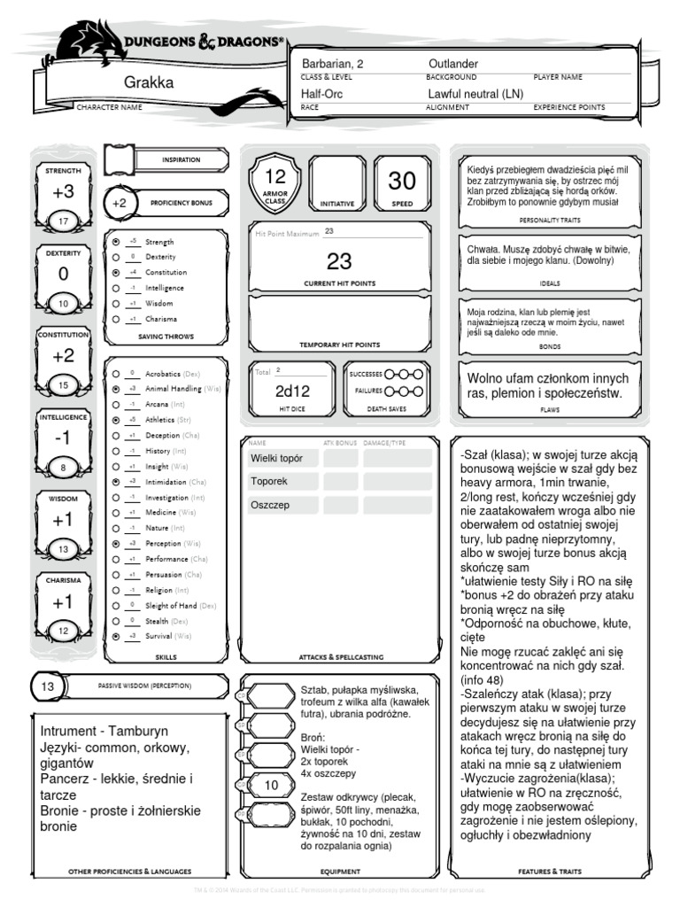 DND 5E Karta Postaci Ork | PDF