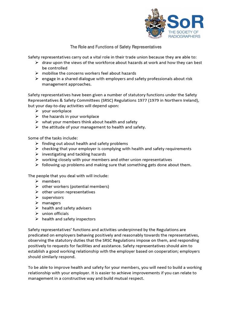 Safety Representatives' Roles and Duties | PDF | Occupational Safety ...